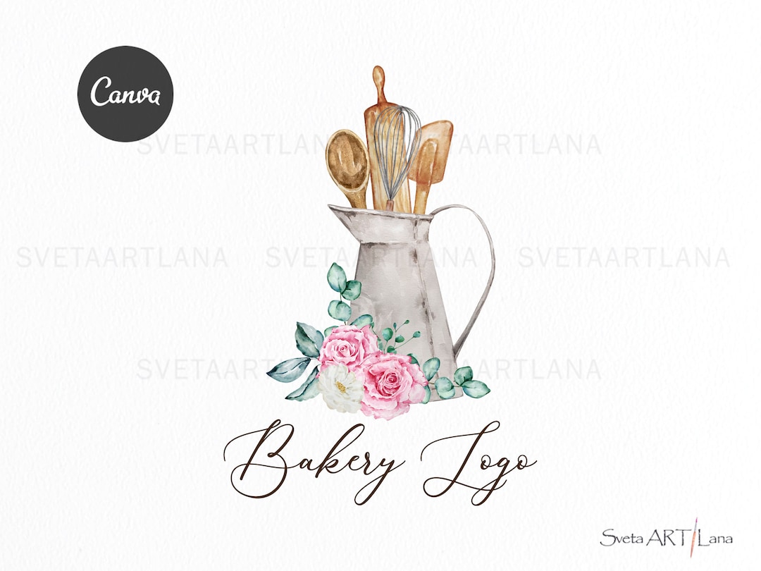 Bakery Catering Floral Roller Whisk Logo Watercolor Bake Logo Premade ...
