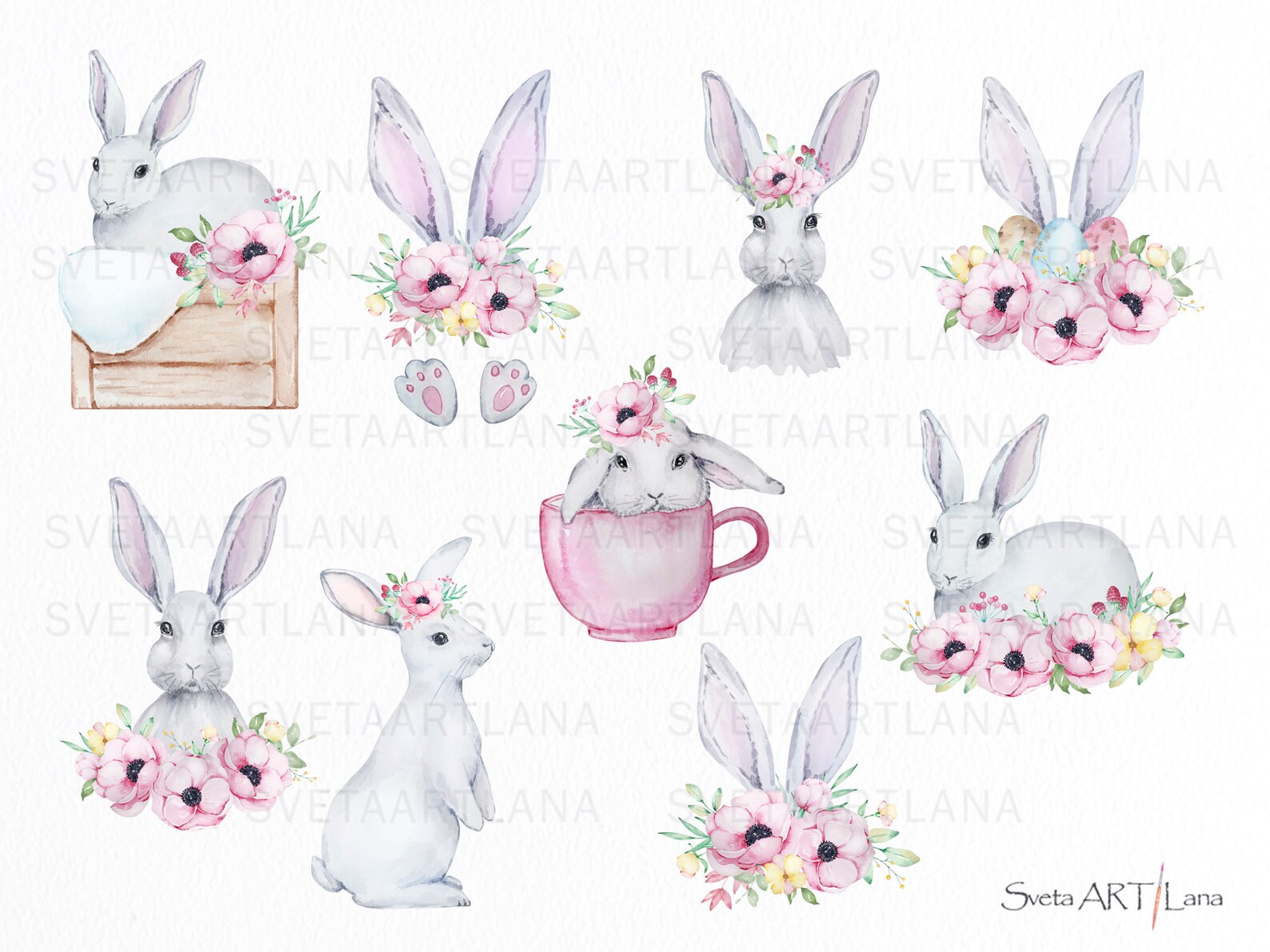 Easter Watercolor Clipart Bunny Composition Cute Flower | Etsy