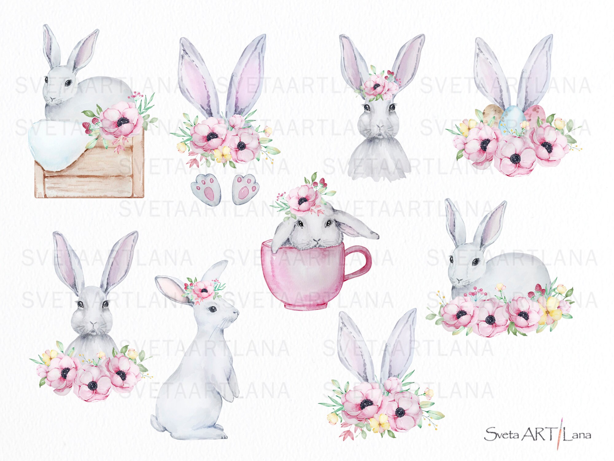 Easter Watercolor Clipart Bunny Composition Cute Flower | Etsy
