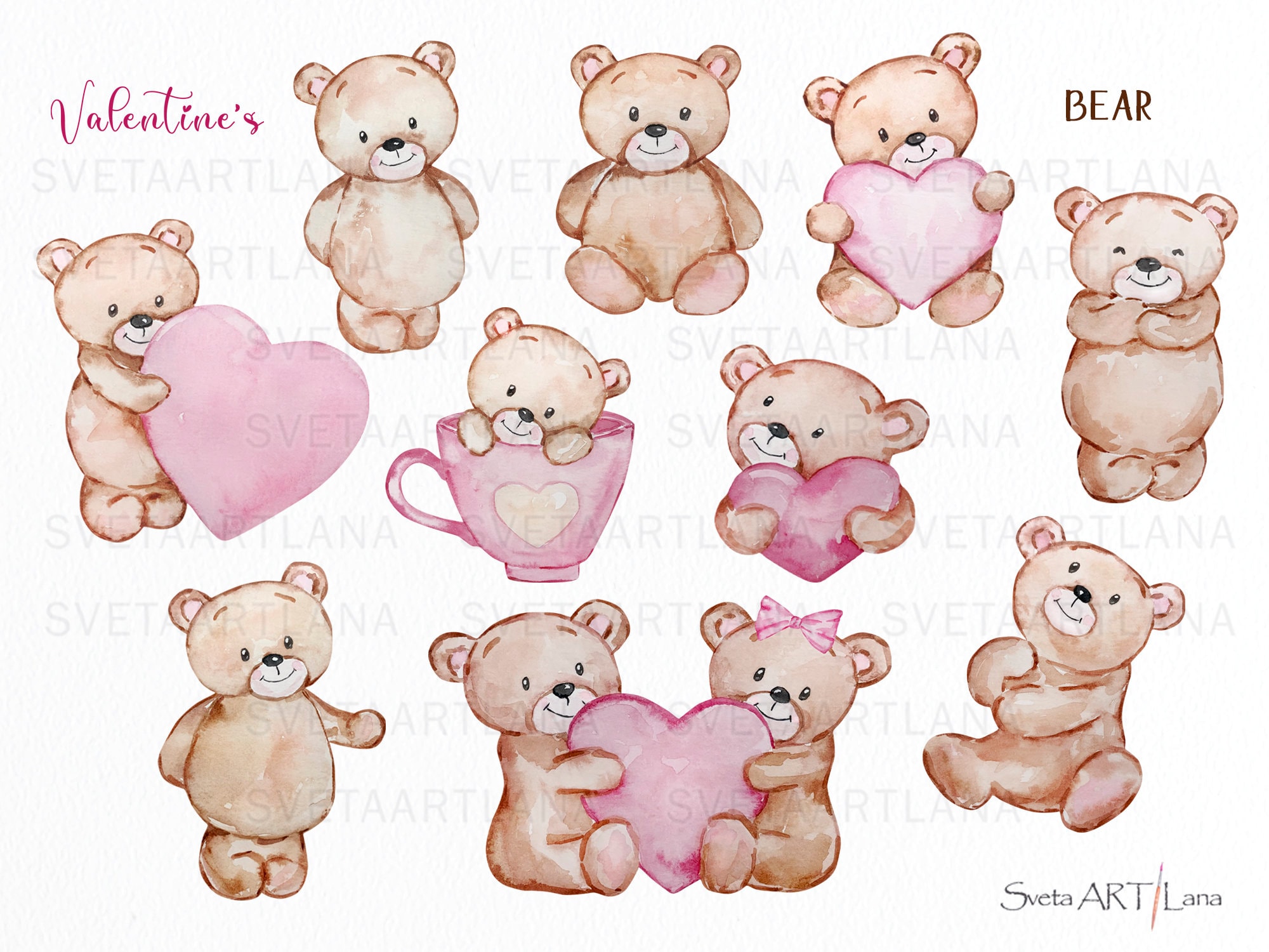 Watercolor Teddy Bear Valentines Day Clipart Little Bear Png - Etsy