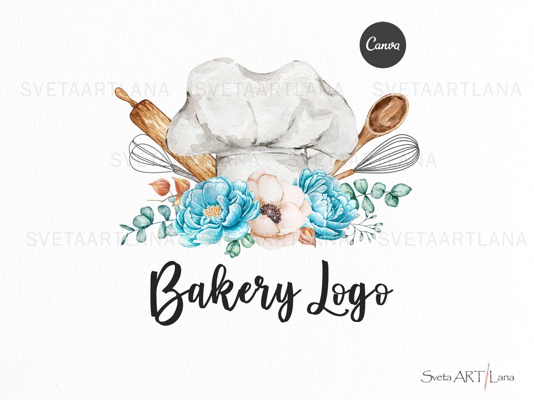 Bakery Logo | Watercolor Baking Tools Logo | Blue Logo | Chefs Hat ...