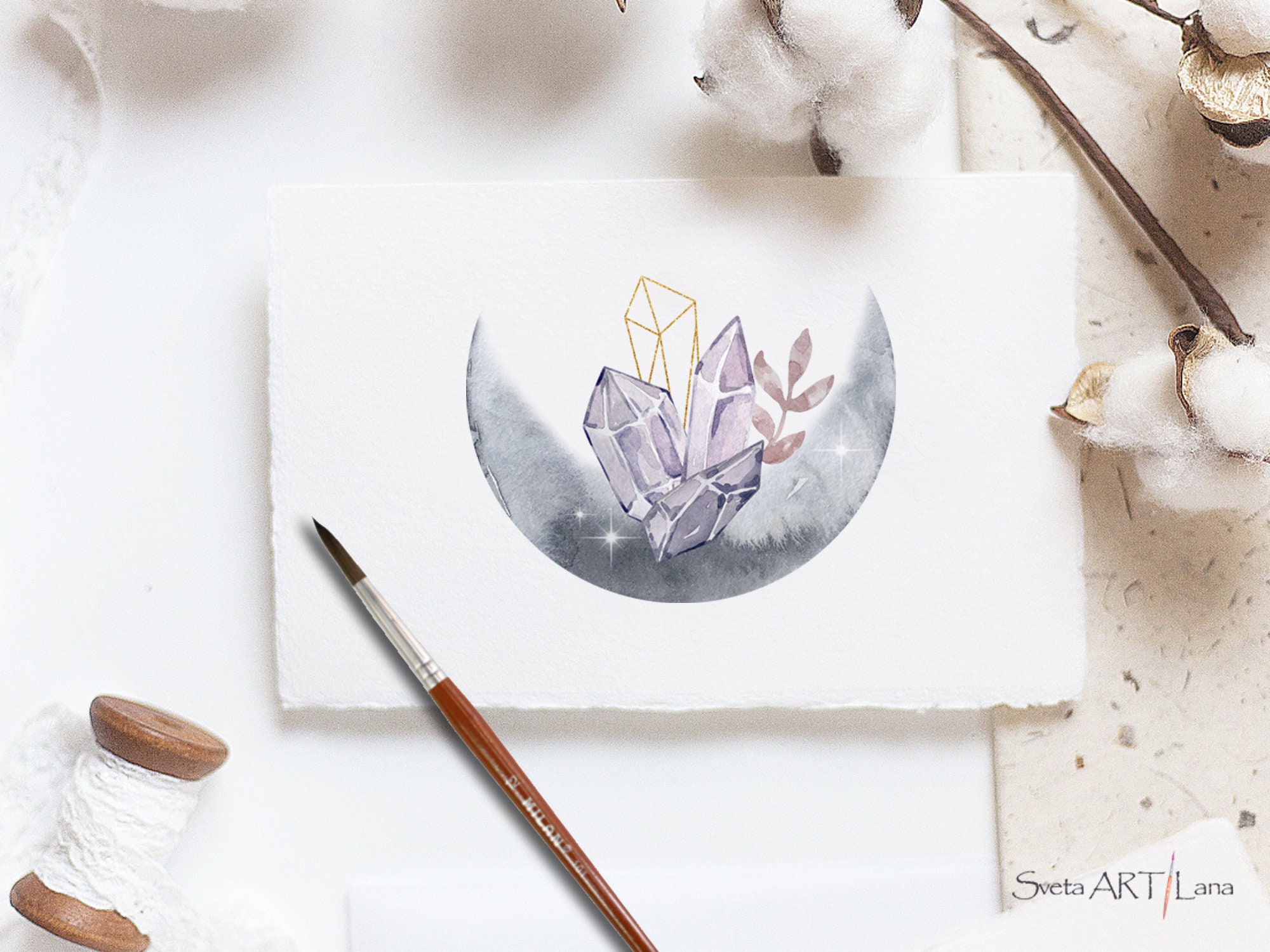 Watercolor Crystal Moons Clipart Floral full moon | Etsy