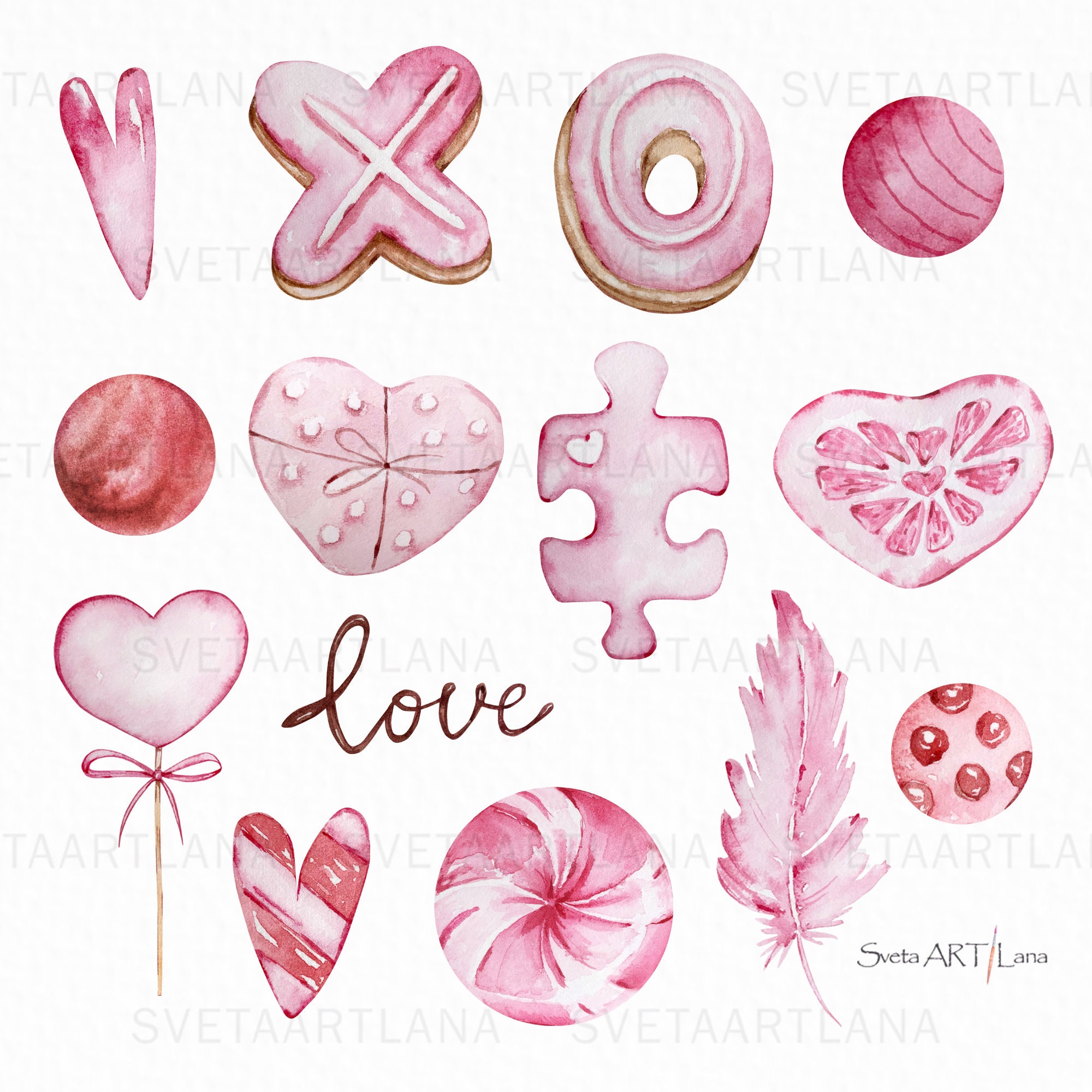 Valentine's Day Watercolor Clipart Pink Valentines Cute | Etsy