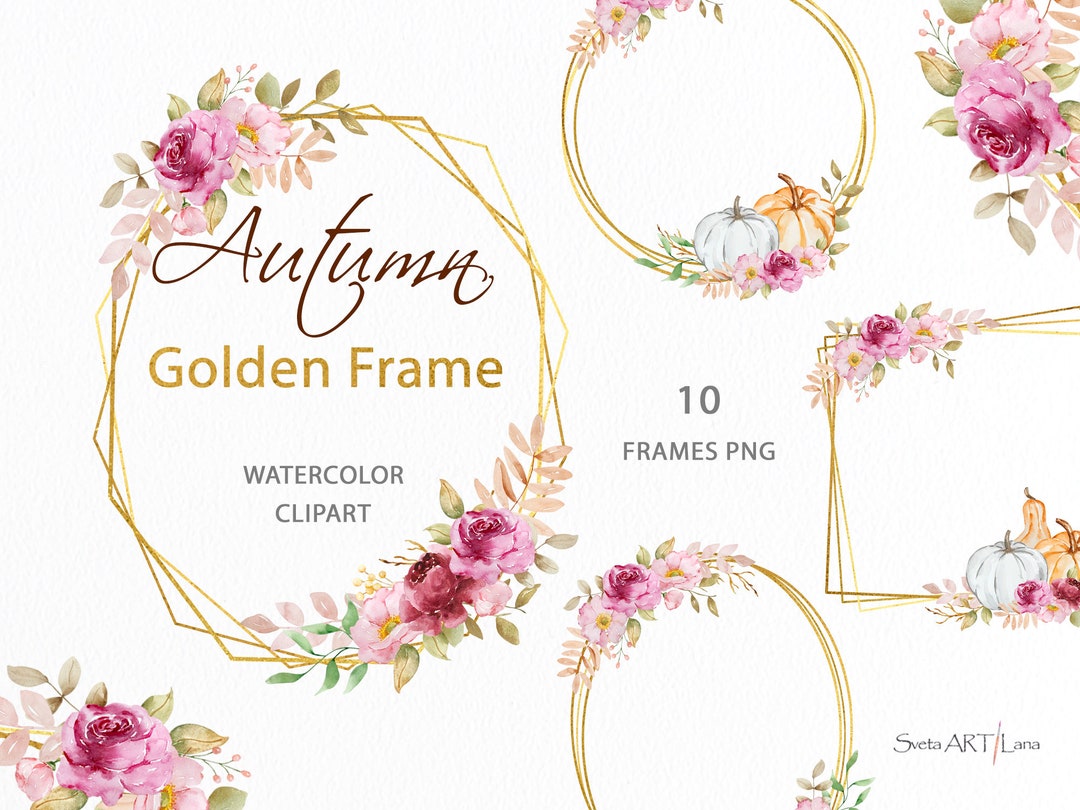 Gold Frames Autumn Pumpkins Watercolor Clipart | Rustic Boho Floral ...