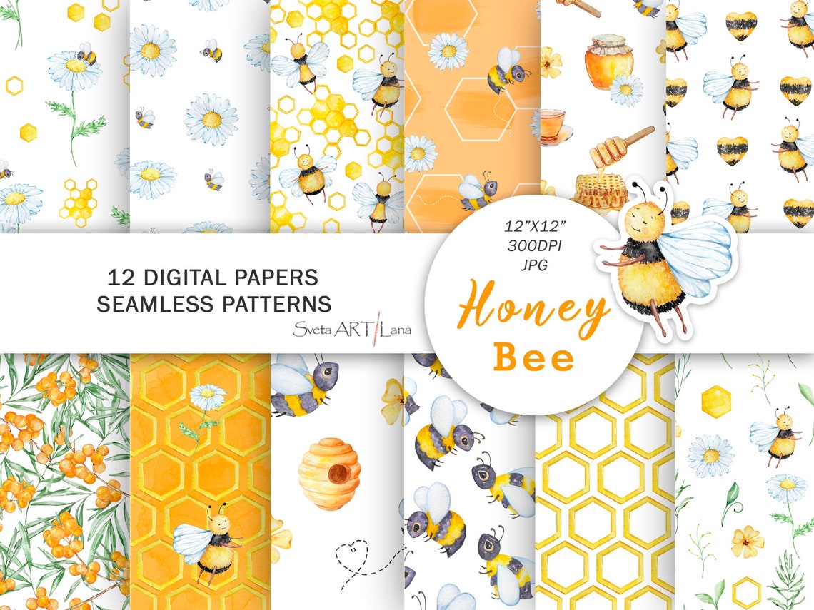 Watercolor Honey Bee Digital Paper Bumble Bee Seamless - Etsy