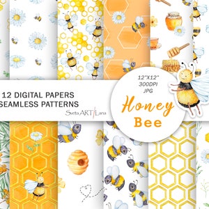 Watercolor Honey Bee Digital Paper Bumble Bee Seamless Pattern ...