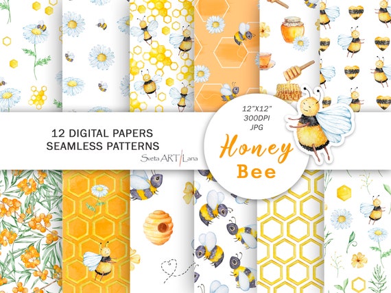Watercolor Honey Bee Digital Paper Bumble Bee Seamless - Etsy