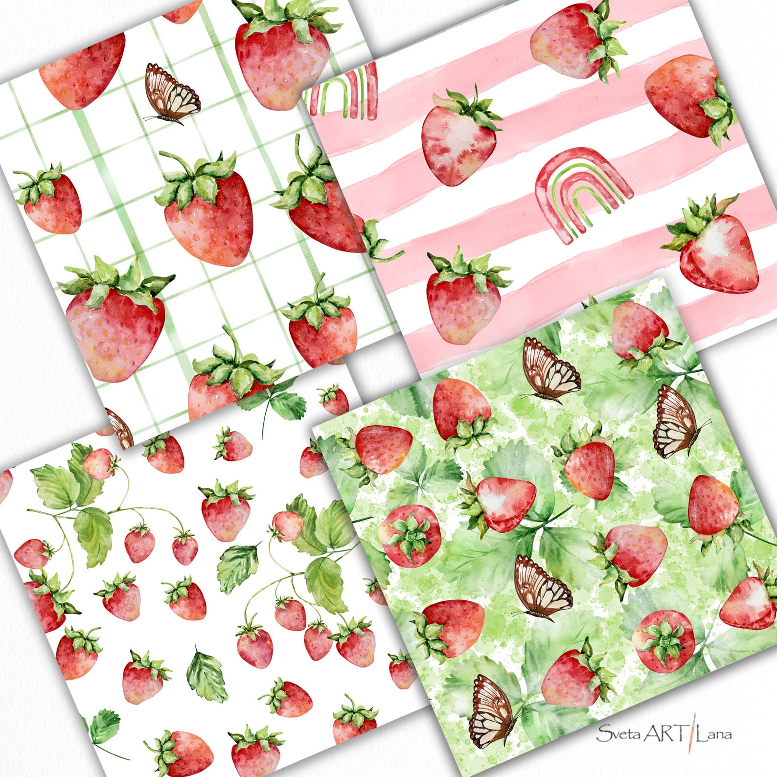 Watercolor Strawberry Digital Papers | Red Berry Seamless Patterns ...