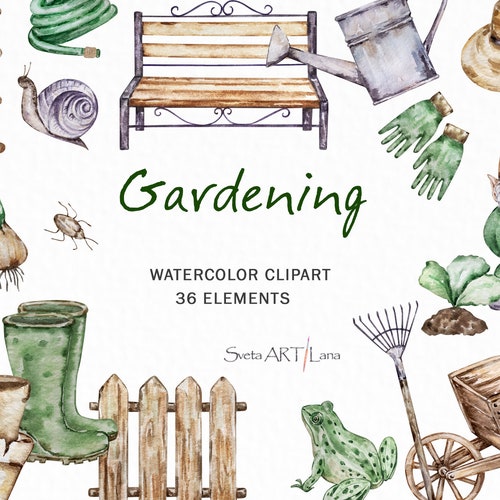 Watercolor Gardening Clipart. Garden Tools and Plants Clipart. - Etsy