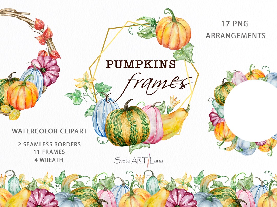 Watercolor Autumn Pumpkins Frames Clipart | Fall Pumpkins Png ...