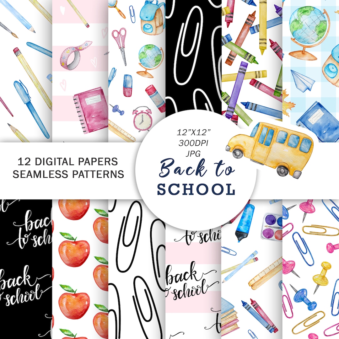 School Digital Papers | Watercolor Classroom School Supplies Digital ...