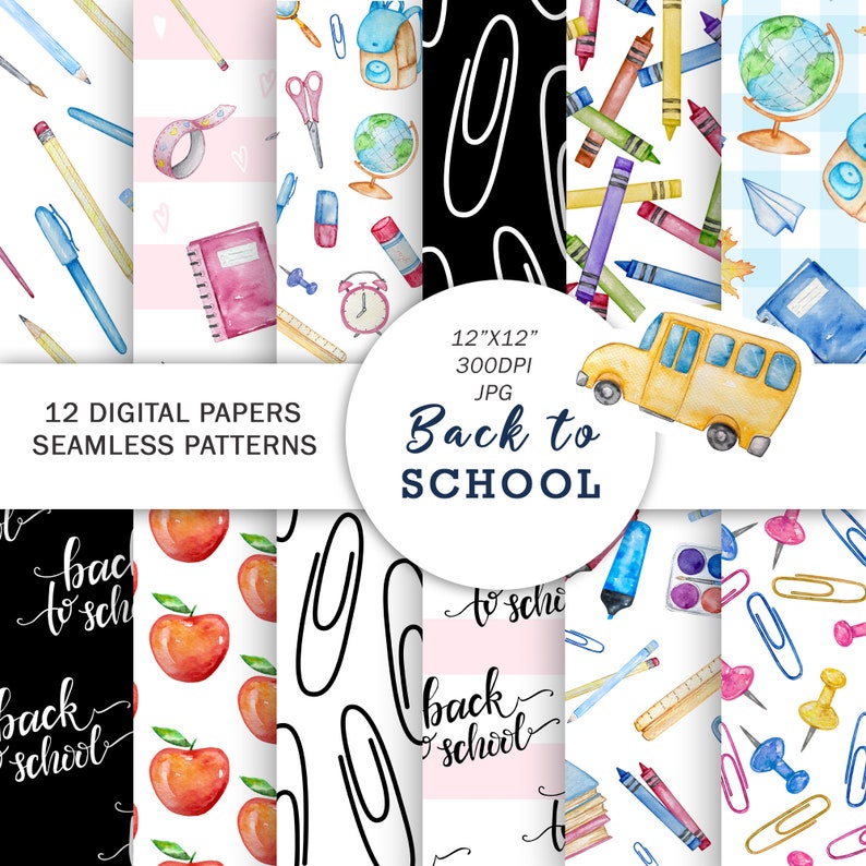 School Digital Papers Watercolor Classroom School Supplies - Etsy
