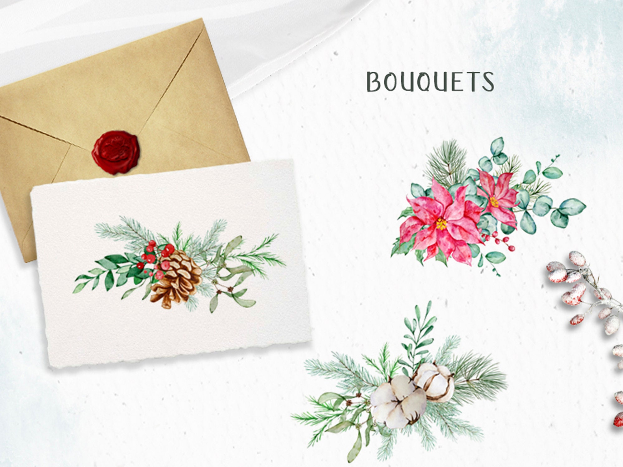 Watercolor Winter Greenery Bouquets Christmas Floral Holly | Etsy