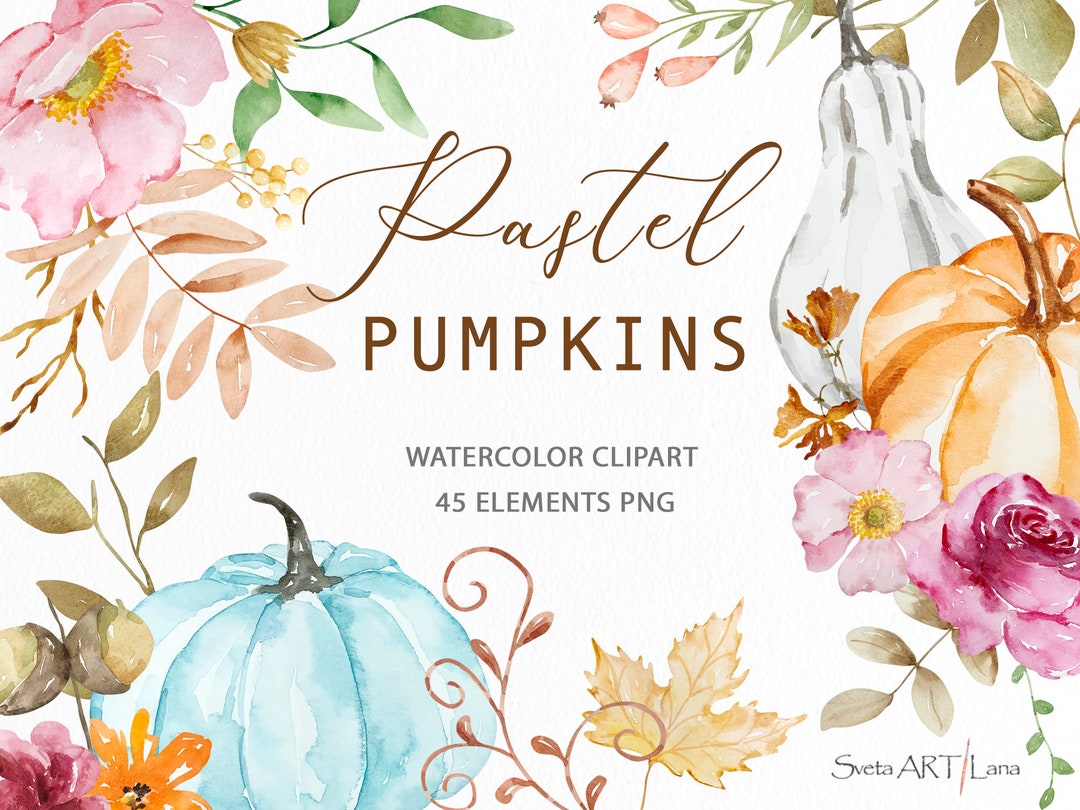 Autumn Watercolor Pastel Pumpkins Clipart | Autumn Flowers | Mint White ...