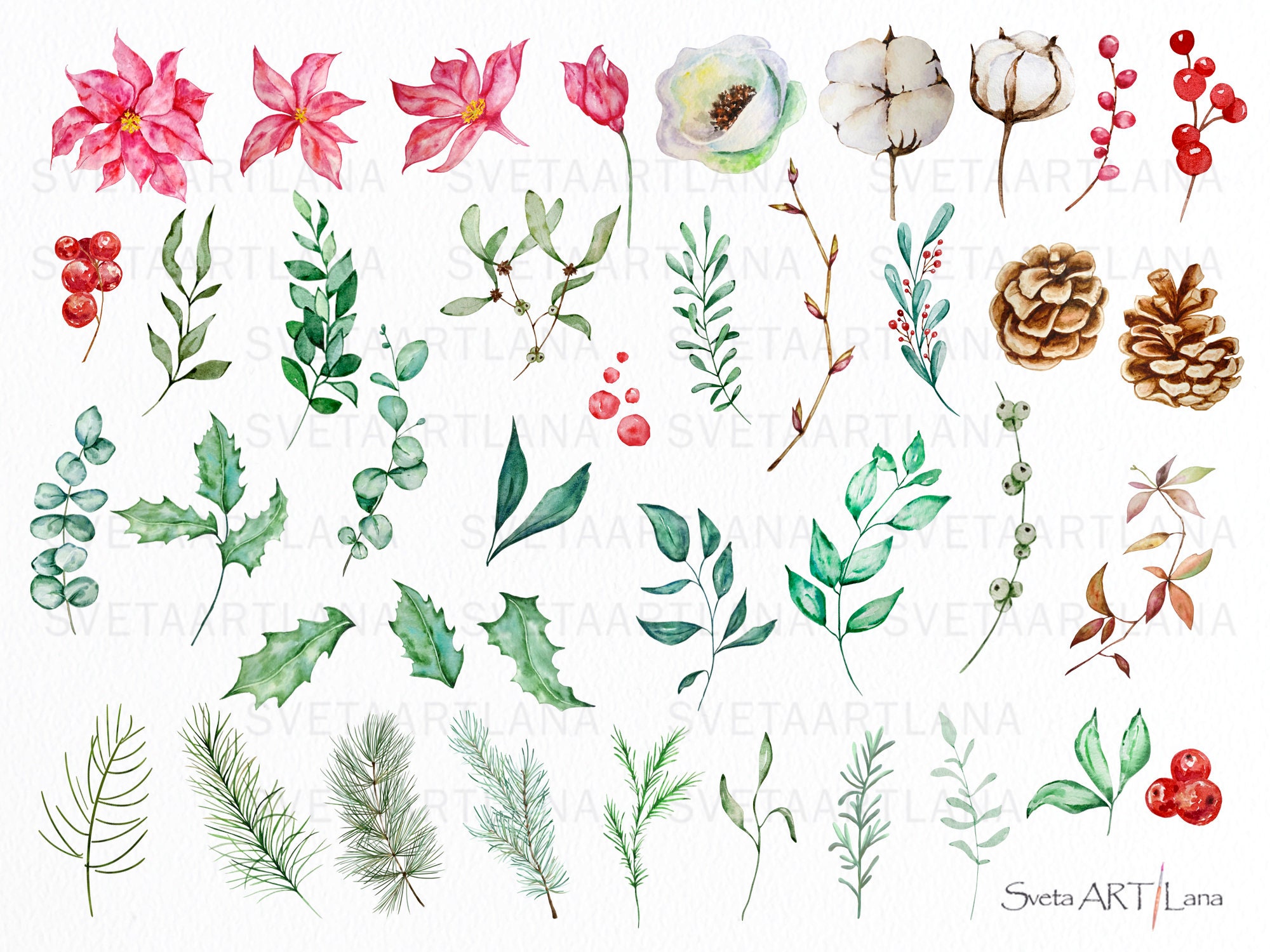 Watercolor Christmas Greenery Clipart Winter Leaves Branch - Etsy