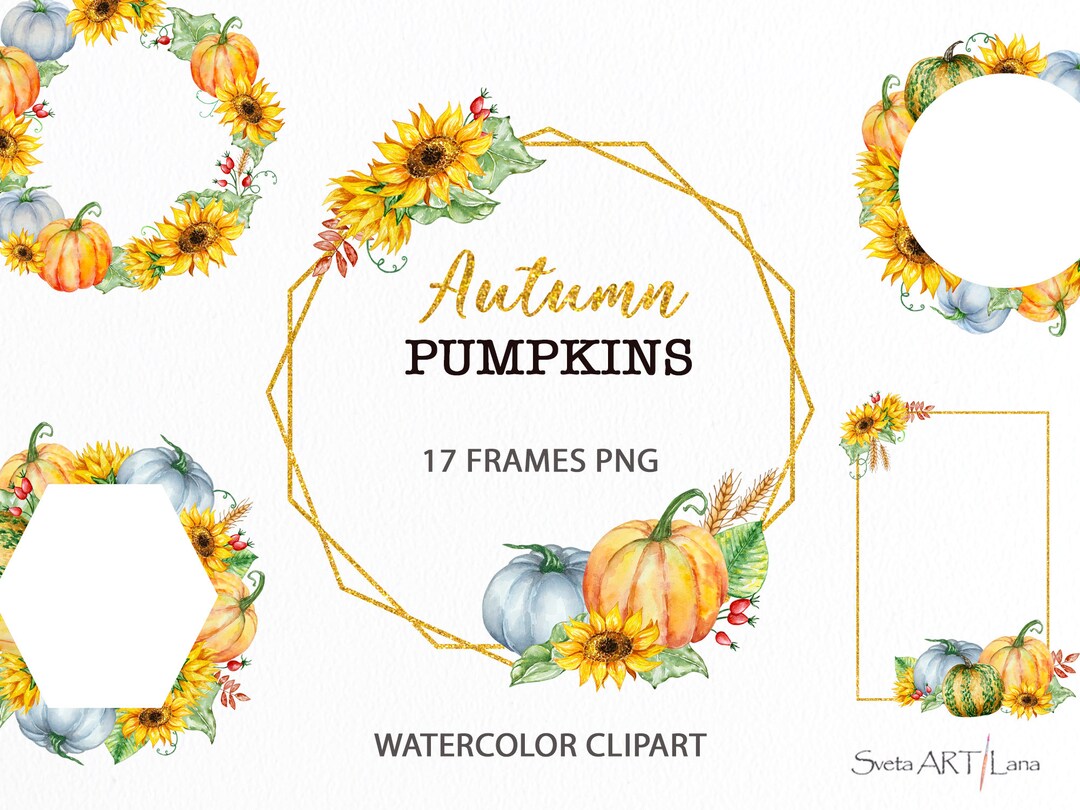 Pumpkins Frames Clipart | Watercolor Autumn Pumpkin | Sunflower Wreath ...