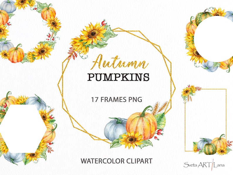 Pumpkins Frames Clipart | Watercolor Autumn Pumpkin | Sunflower Wreath ...