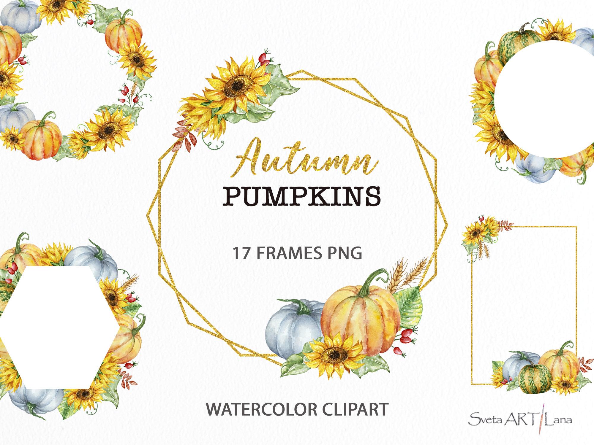 Pumpkins Frames Clipart | Watercolor Autumn Pumpkin | Sunflower Wreath ...