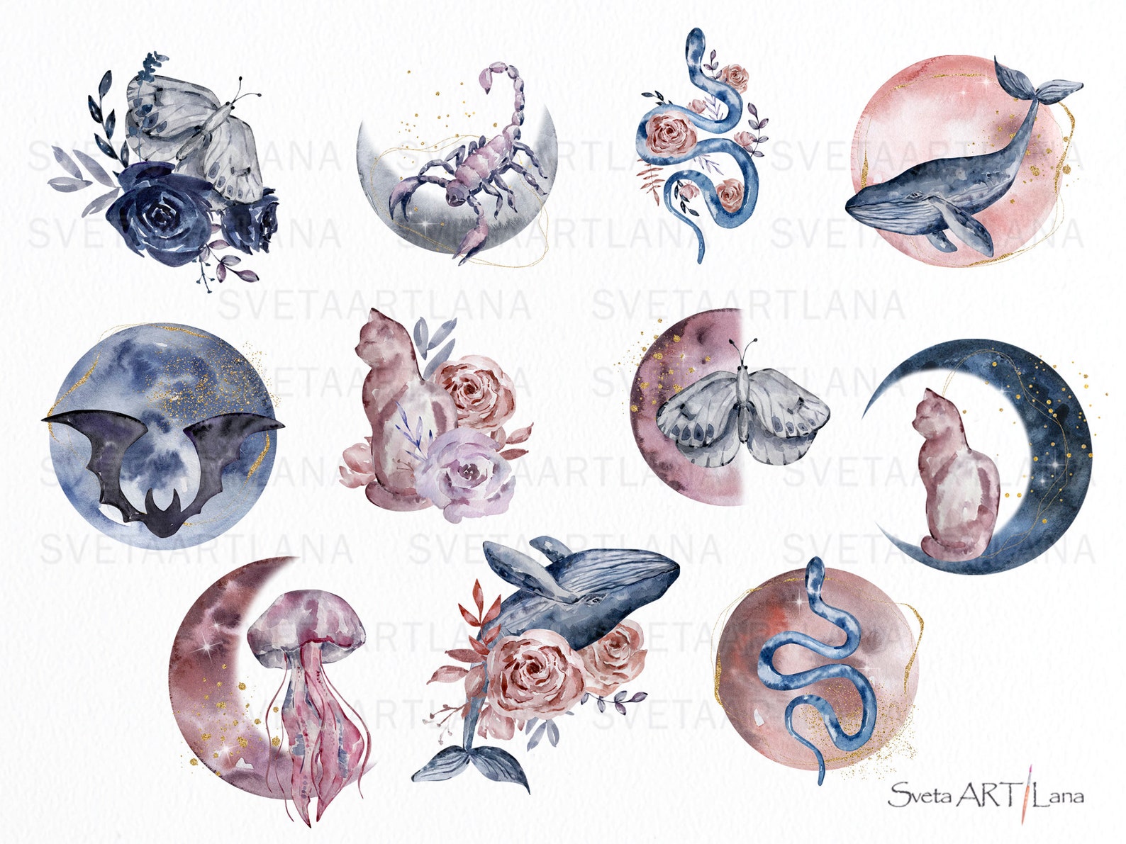 Watercolor Moon Animals Clipart. Celestial Animal Composition - Etsy Canada