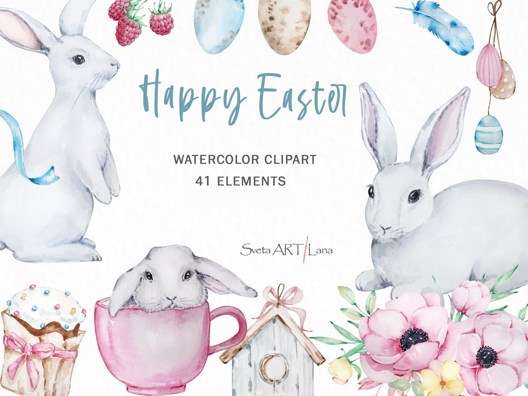 Watercolor Spring Easter Rabbit Clipart | Easter Cute Rabbit | Vintage ...