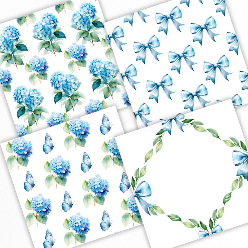 Blue Hydrangea Digital Papers | Watercolor Flowers Seamless Patterns ...