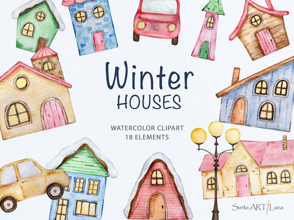 Watercolor Winter Houses Clipart Christmas Landscape Clipart - Etsy