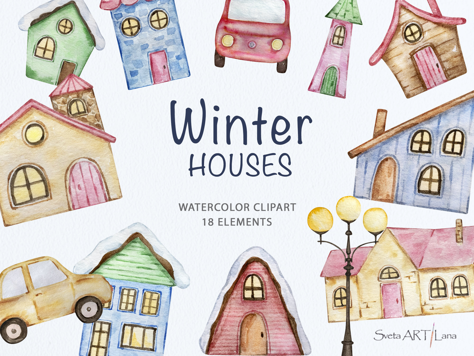 Watercolor Winter Houses Clipart Christmas Landscape Clipart - Etsy