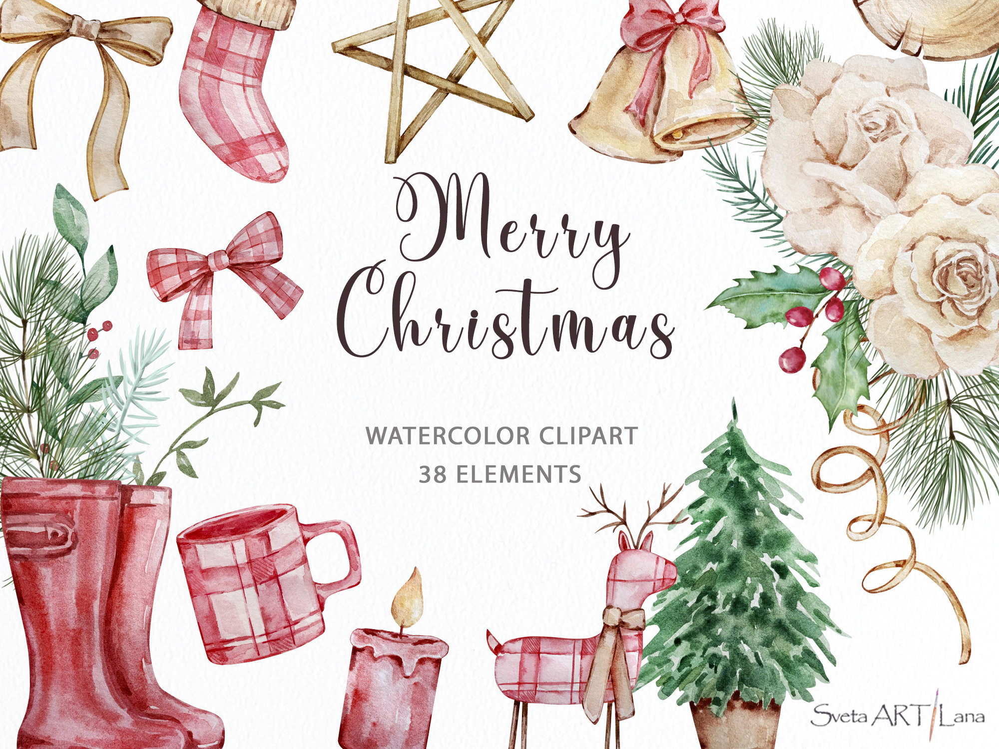 Watercolor Christmas Clipart Merry Christmas Classic - Etsy
