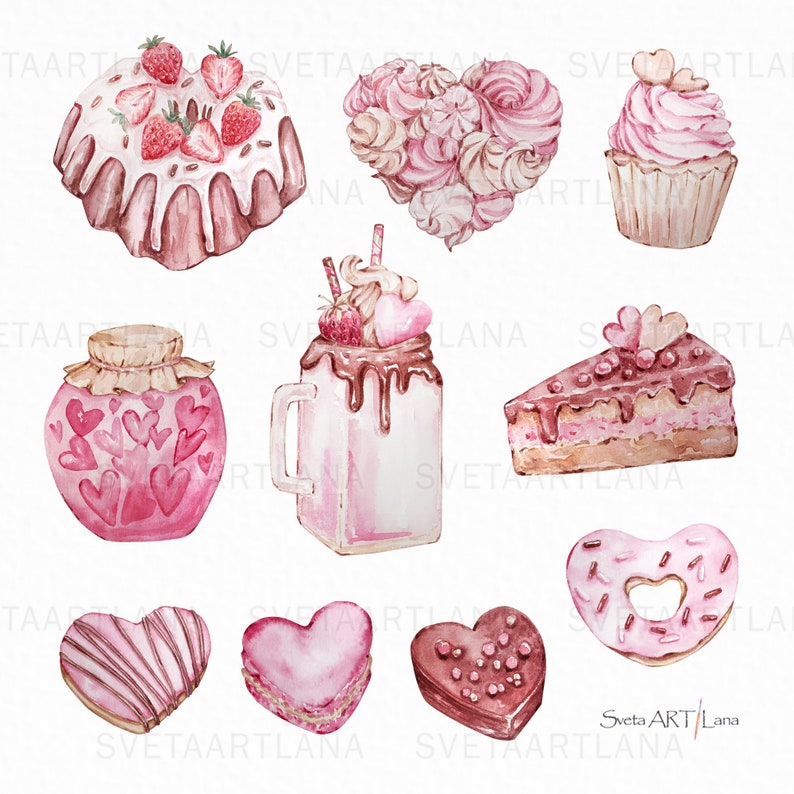 Valentines Day Watercolor Clipart | Valentines Sweets Treats | Pink ...