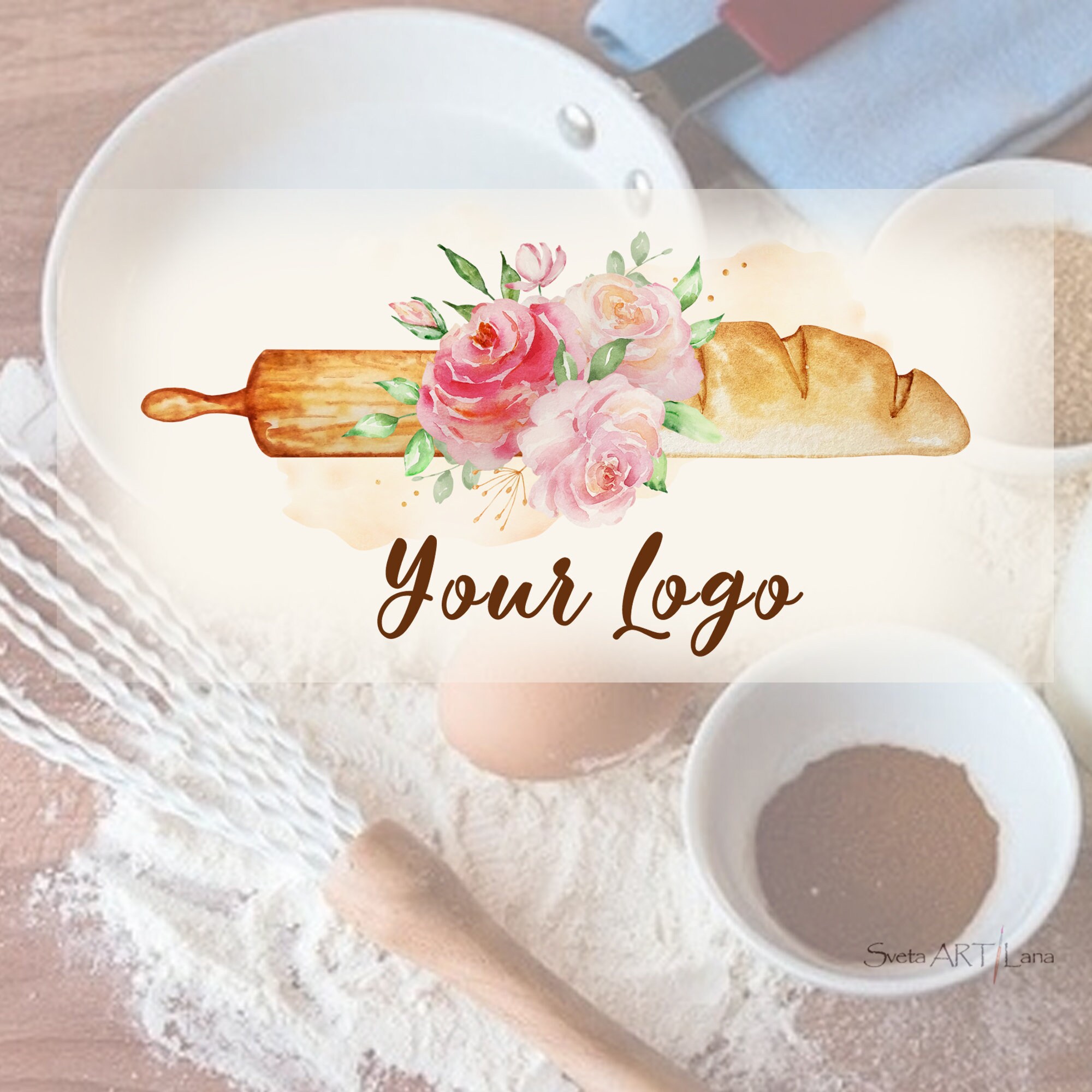 Premade Baking Rolling Pin Logo. Watercolor Logo Bakery - Etsy