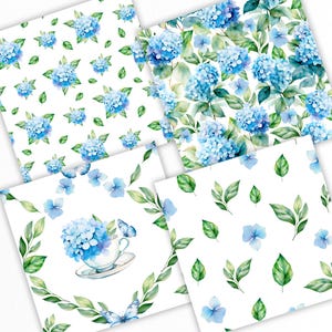 Blue Hydrangea Digital Papers | Watercolor Flowers Seamless Patterns ...