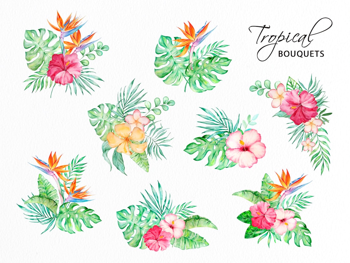 Watercolor Tropical Flower and Leaves Bouquets Clipart. - Etsy