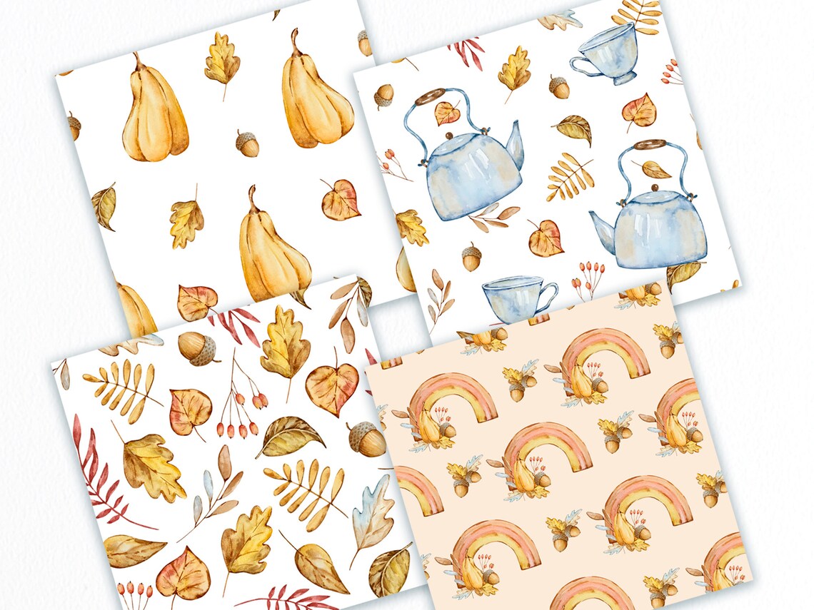 Watercolor Fall Digital Papers Cozy Autumn Leaves Plaid - Etsy