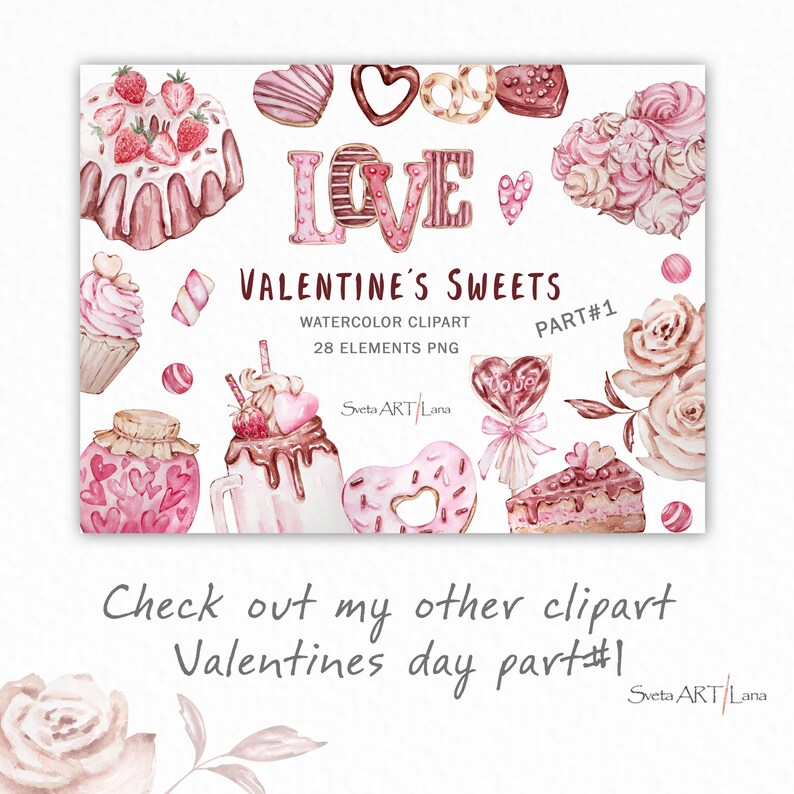 Valentine's day Watercolor Clipart Pink Valentines Cute | Etsy