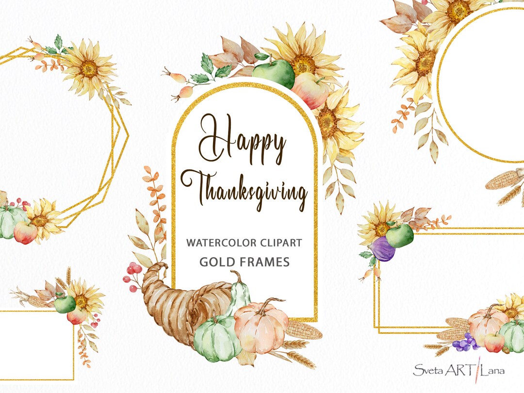 Gold Thanksgiving Frame Clipart | Holiday Pumpkin PNG | Autumn Floral ...