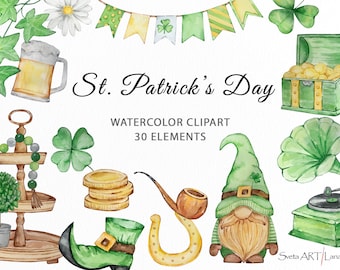 St. Patrick's Day Watercolor Clipart. Green Gnome Leprechaun ...