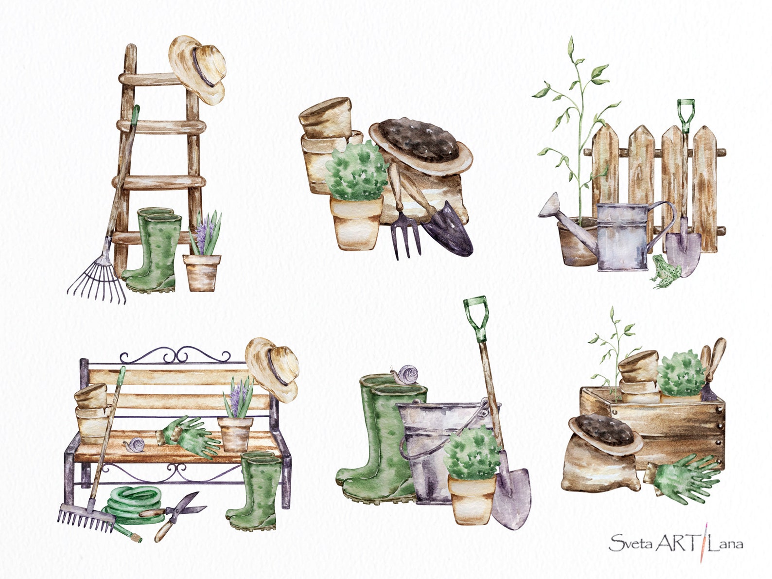 Watercolor Gardening Clipart Farmhouse Garden Clipart - Etsy