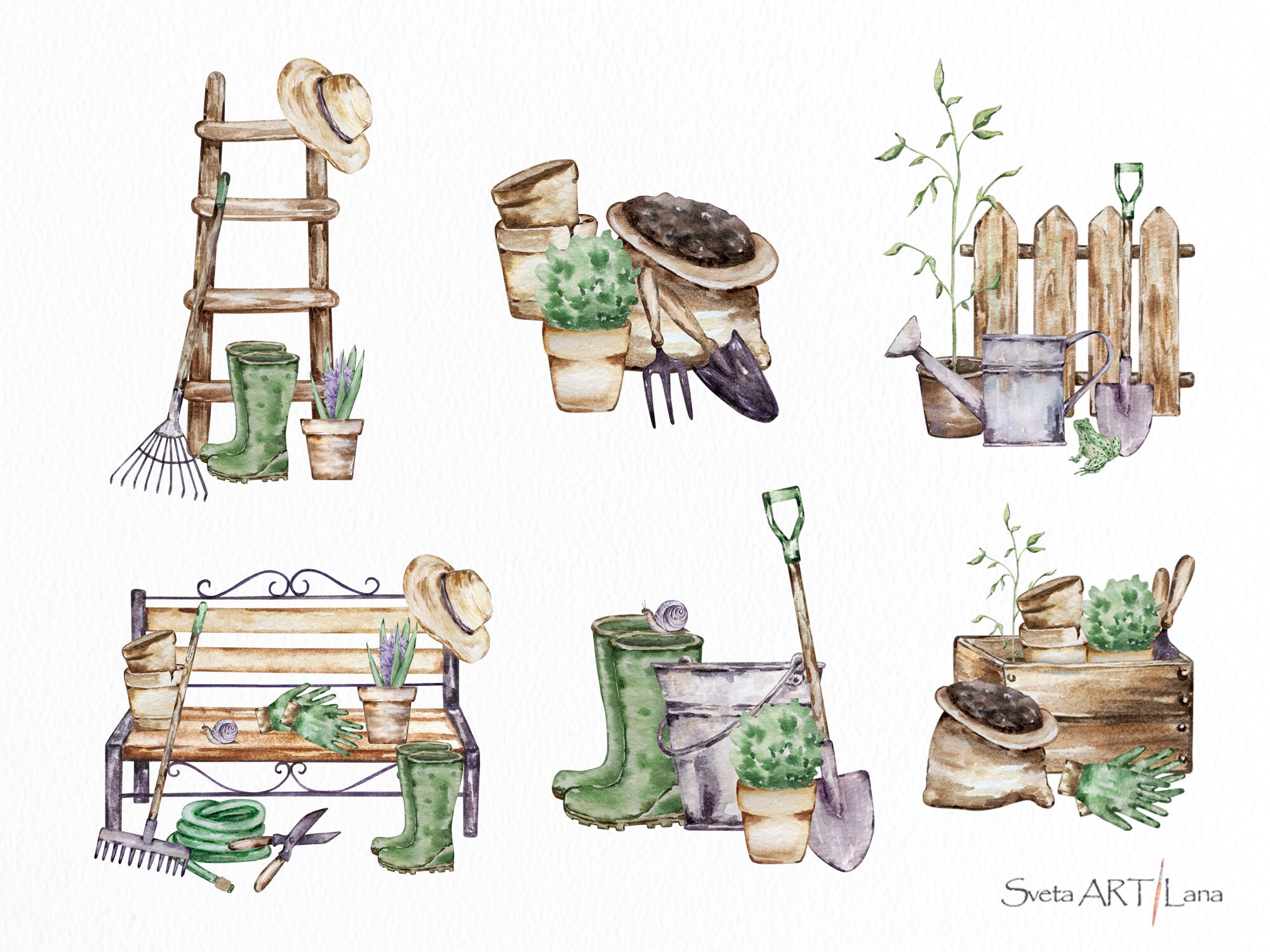 Watercolor Gardening Clipart Farmhouse Garden Clipart - Etsy