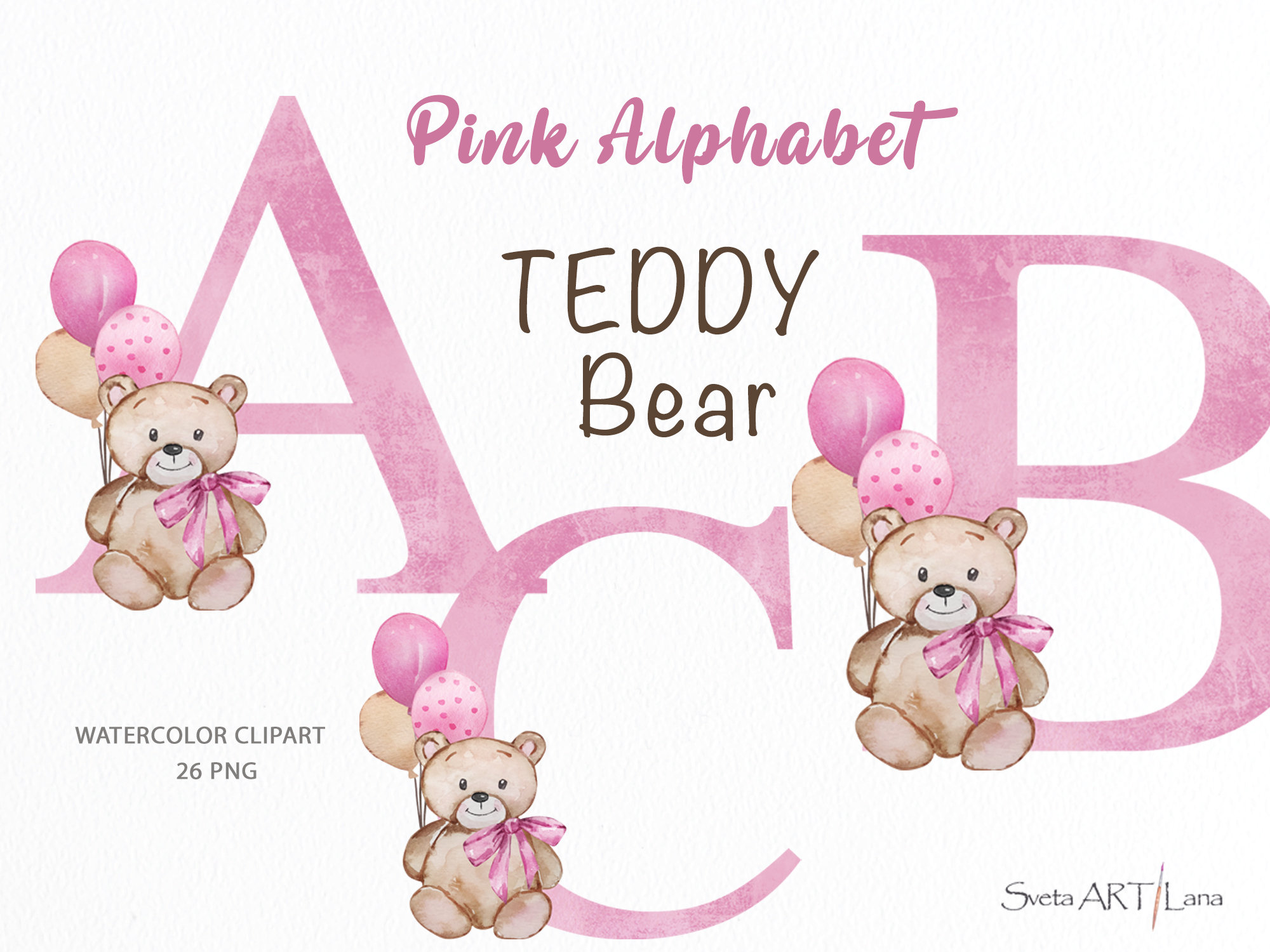 Teddy Bear Pink Alphabet Clipart Watercolor Cute Bear - Etsy