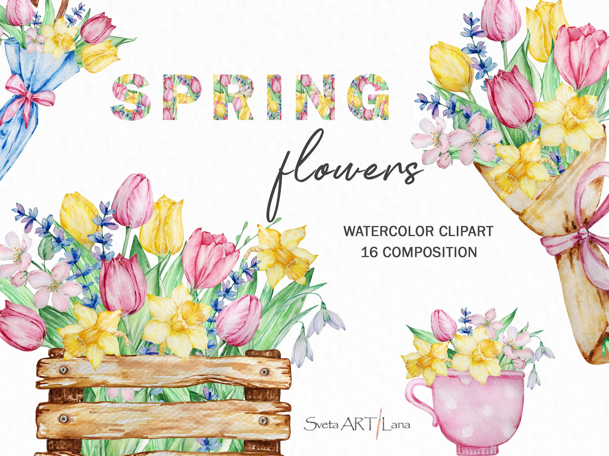 Watercolor Spring Flowers Clipart Bouquet Flowers Watering - Etsy