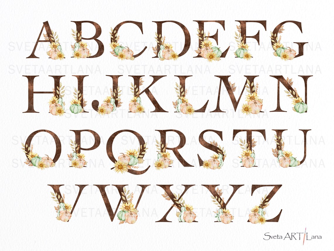Watercolor Pumpkin Alphabet Clipart Boho Letters Autumn - Etsy