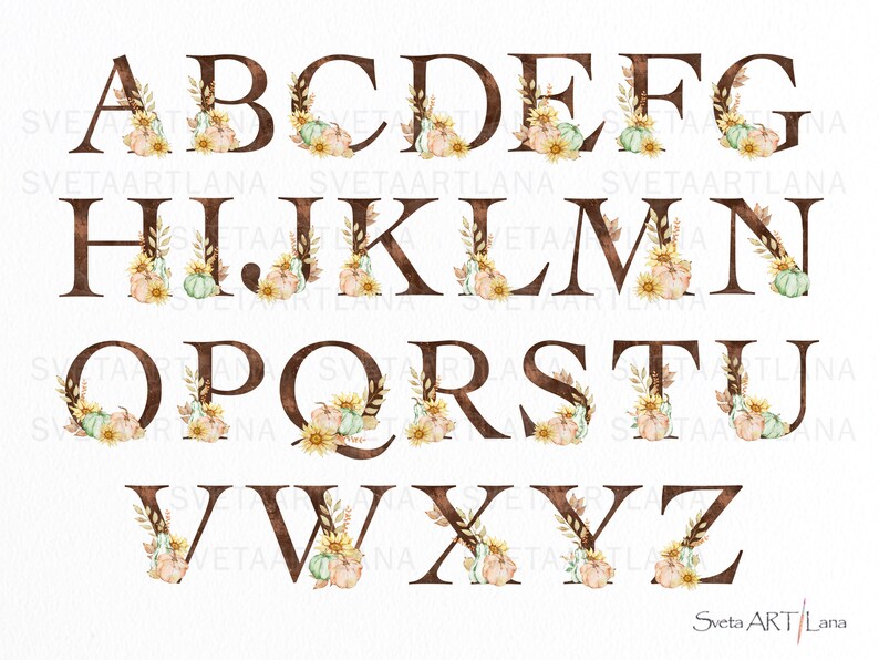 Watercolor Pumpkin Alphabet Clipart Boho Letters Autumn - Etsy