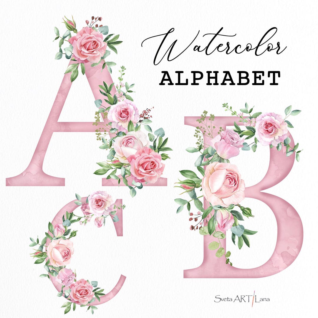 Watercolor Pink Floral Alphabet Clipart | Pink Flowers Letters | Boho ...