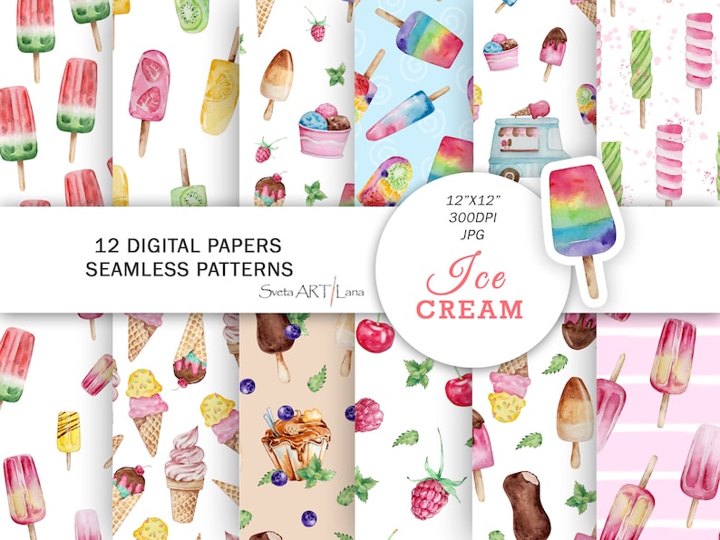 Ice Cream Watercolor Digital Paper Summer Digital Paper | Etsy