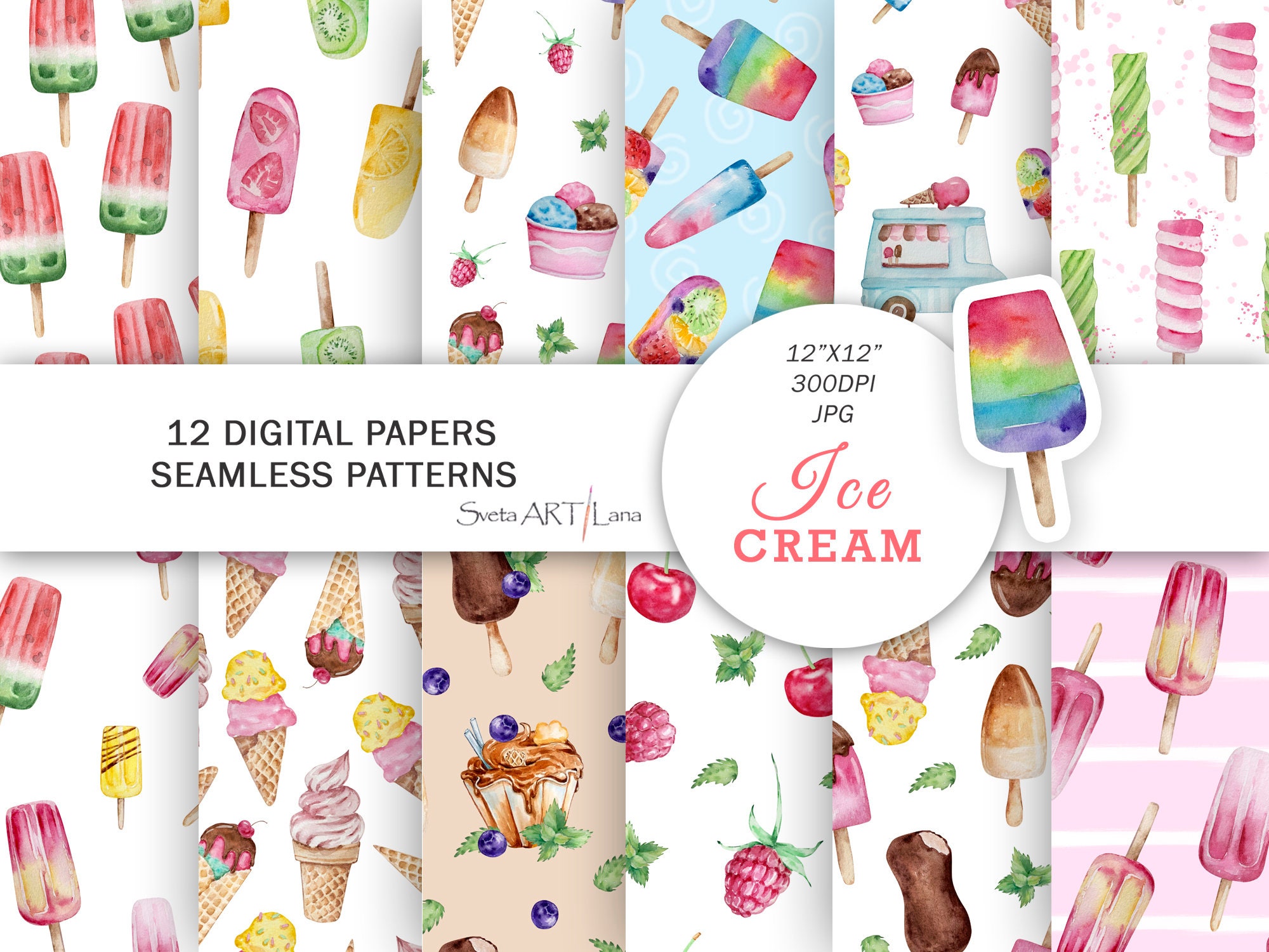 Ice Cream Watercolor Digital Paper Summer Digital Paper | Etsy