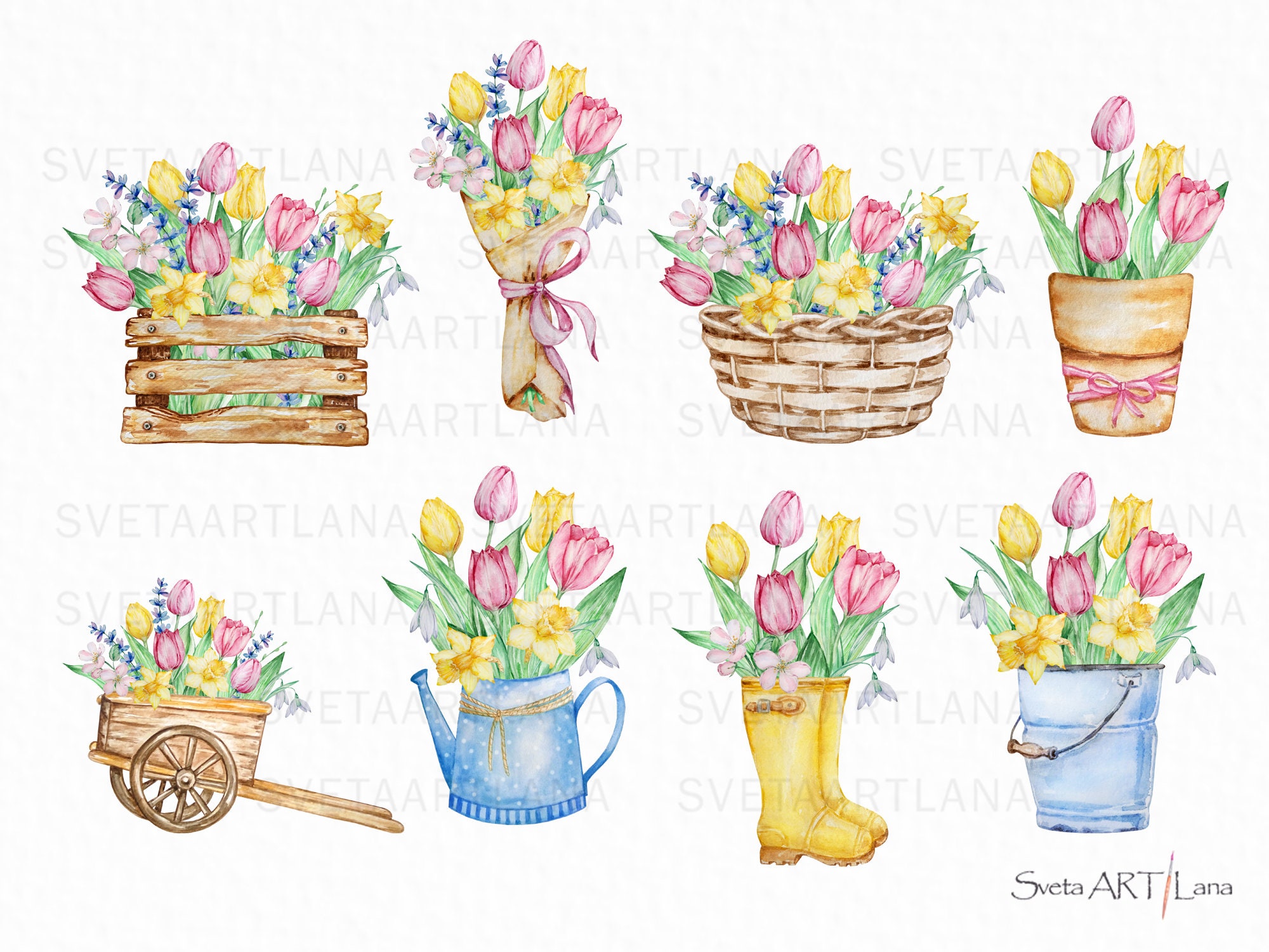 Watercolor Spring Flowers Clipart Bouquet Flowers Watering - Etsy