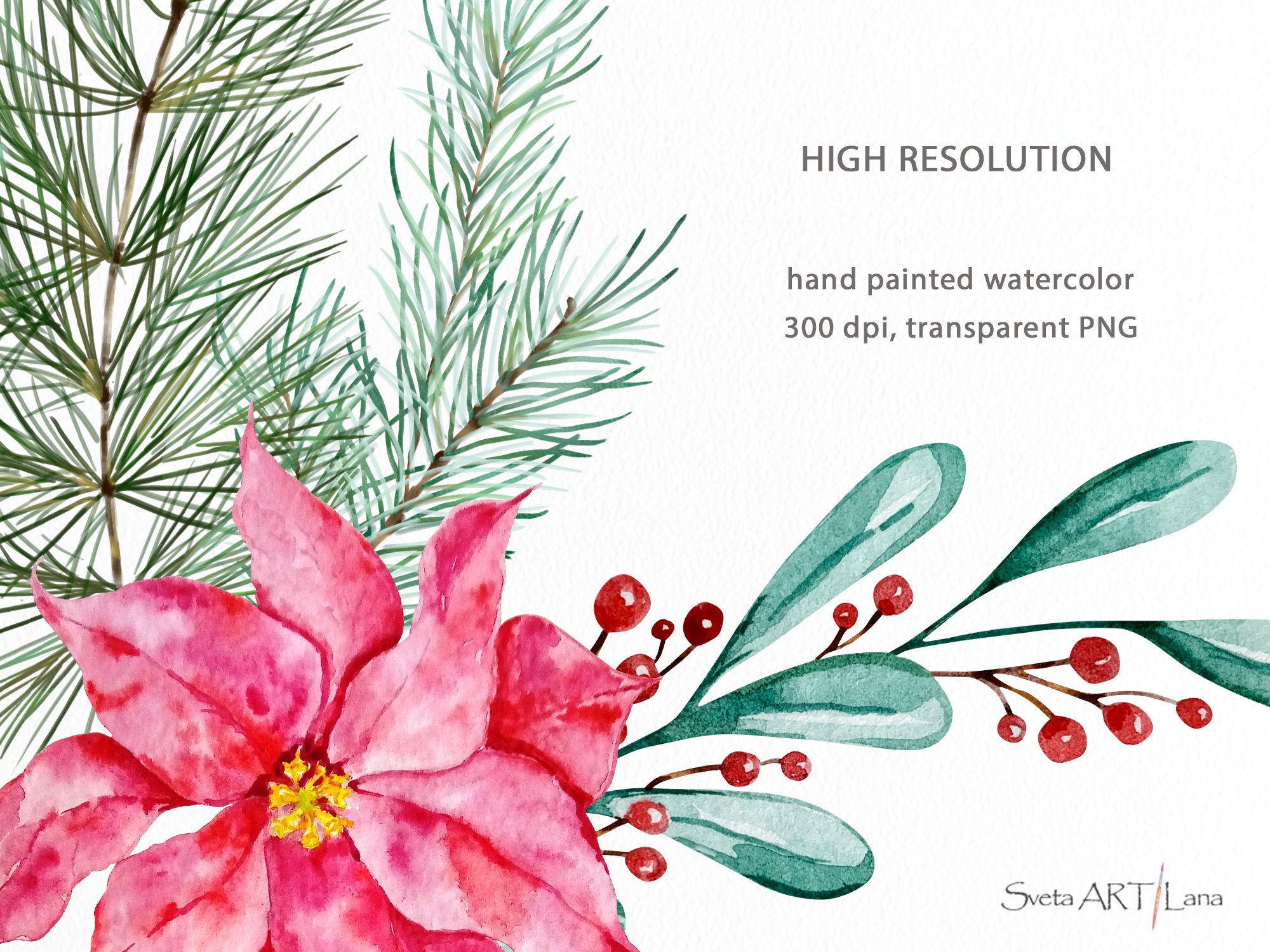 Watercolor Christmas Greenery Clipart Winter Leaves Branch - Etsy