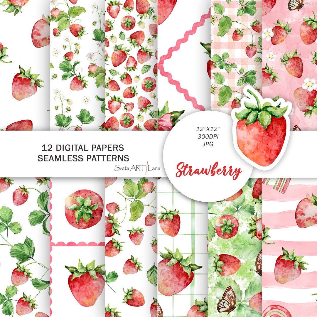 Watercolor Strawberry Digital Papers | Red Berry Seamless Patterns ...