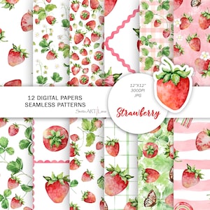 Watercolor Strawberry Digital Papers | Red Berry Seamless Patterns ...