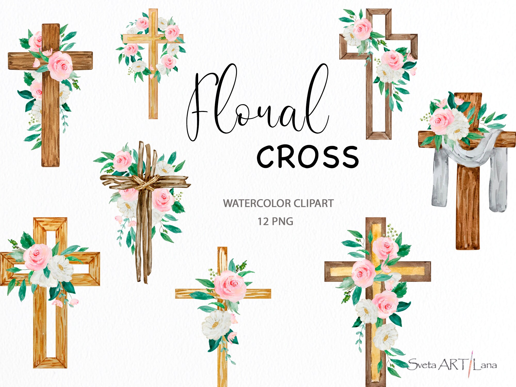 Watercolor Floral Cross Clipart Religious Easter Clipart Png - Etsy